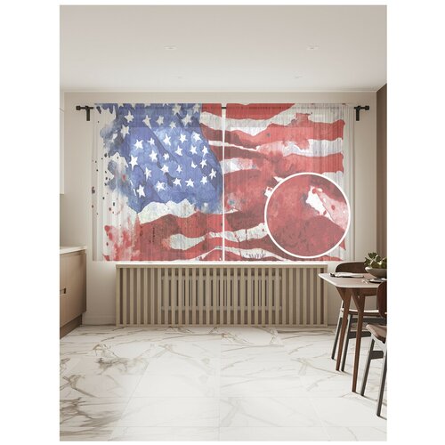 Тюль для кухни и спальни JoyArty "Размытый американский флаг", 2 полотна со шторной лентой шириной по 145 см, высота 180 см.