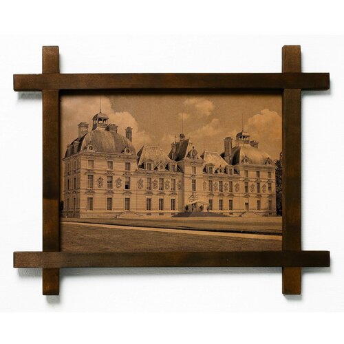 Картина Замок Шеверни, Франция, гравировка на натуральной коже, в деревянной раме, подарок, BoomGift