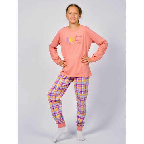 Пижама  Let's Go, размер 146, мятный/розовая клетка