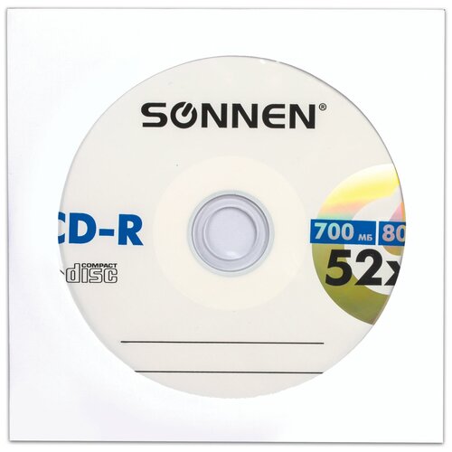 Диск CD-R SONNEN, 700 Mb, 52x, бумажный конверт (1 штука), 512573