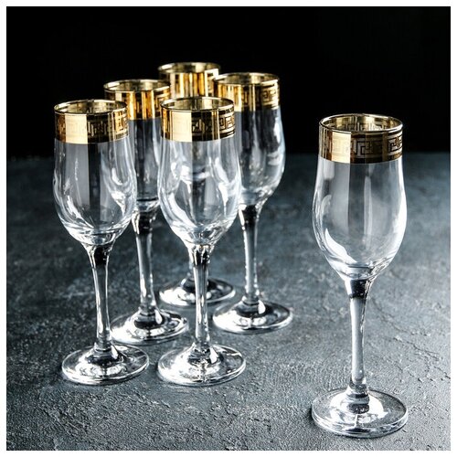 Набор бокалов для шампанского "Версаче Голд", 200 мл, 6 штук, фужеры стеклянные