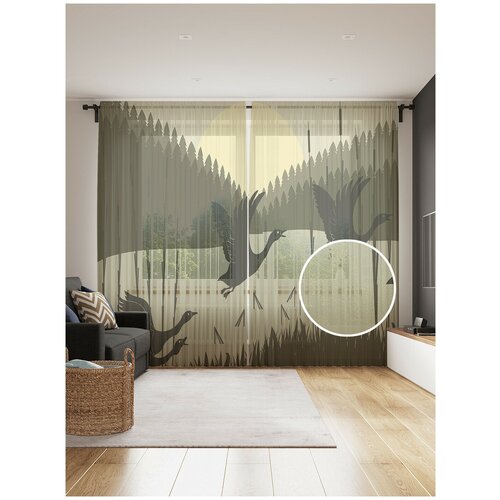 Тюль для кухни и спальни JoyArty "Утки на озере", 2 полотна со шторной лентой шириной по 145 см, высота 265 см.