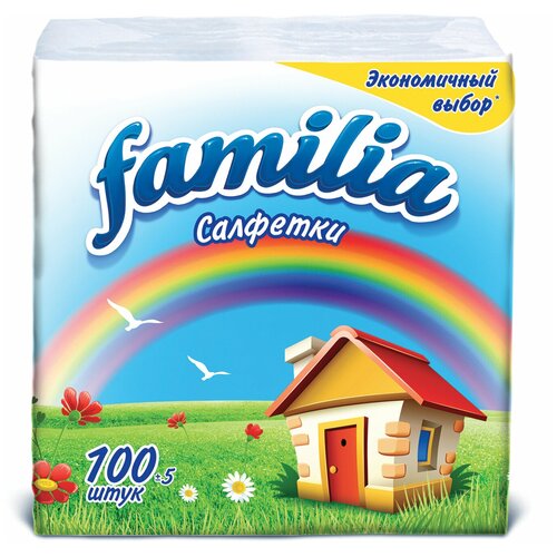 Салфетки бумажные 100 шт, 24x23 см, FAMILIA, белые, 100% целлюлоза, 5039302