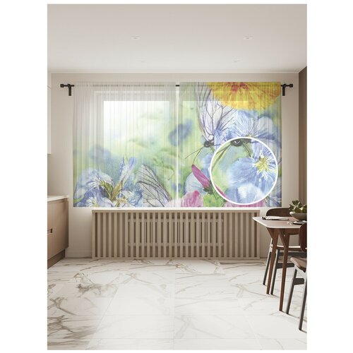 Тюль для кухни и спальни JoyArty "Бабочки любят красоту", 2 полотна со шторной лентой шириной по 145 см, высота 180 см.