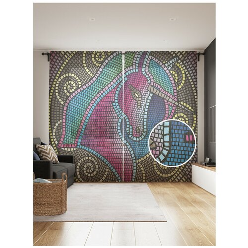 Тюль для кухни и спальни JoyArty "Мозаика единорога", 2 полотна со шторной лентой шириной по 145 см, высота 265 см.