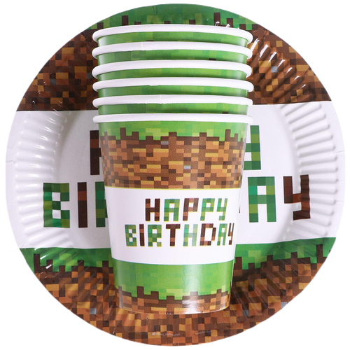 Страна Карнавалия Набор одноразовой бумажной посуды Happy Birthday, 12 пр., коричневый/зеленый