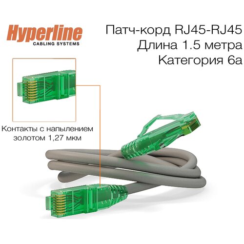 Патч-корд Hyperline PC-LPM-UTP-RJ45-RJ45-C6a-1.5M-LSZH-GY U/UTP, Cat.6a (100% Fluke Component Tested), 10G, LSZH, 1.5 м, серый