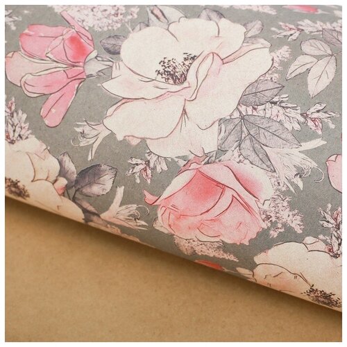 Бумага упаковочная крафтовая «Цветы на сером», 50 × 70 см