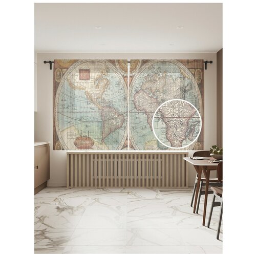 Тюль для кухни и спальни JoyArty "Круглая карта мира", 2 полотна со шторной лентой шириной по 145 см, высота 180 см.