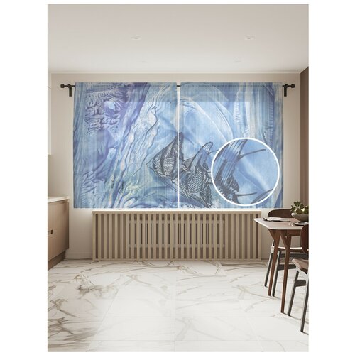 Тюль для кухни и спальни JoyArty "Морозные рыбы", 2 полотна со шторной лентой шириной по 145 см, высота 180 см.