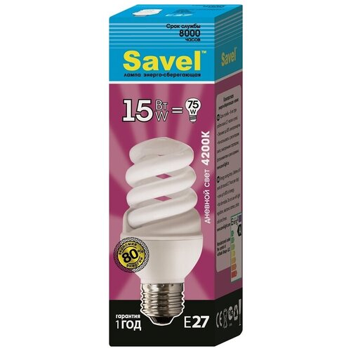 Лампочка Savel FS/8-T3-15/4200/E27, Дневной белый свет, 15Вт, E27, Люминесцентная (энергосберегающая), 1 шт.