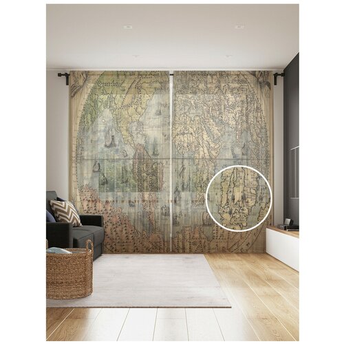 Тюль для кухни и спальни JoyArty "Старая карта мира", 2 полотна со шторной лентой шириной по 145 см, высота 265 см.