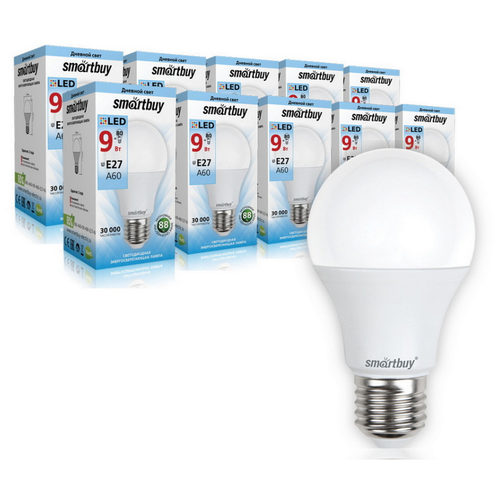 Упаковка светодиодных ламп 10 шт. SmartBuy SBL-A60-09-40K-E27-N, E27, A60, 9 Вт, 4000 К