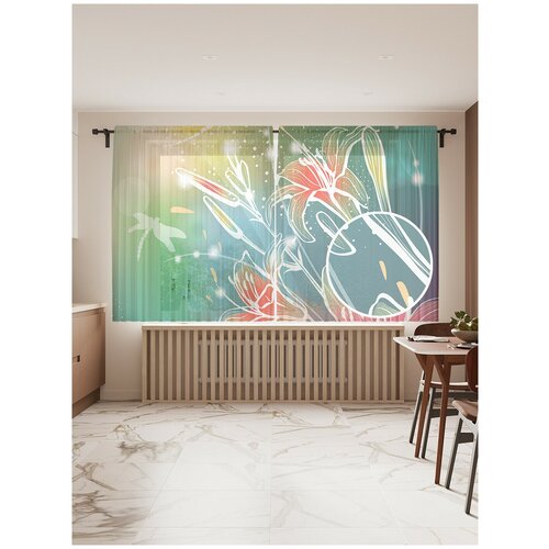 Тюль для кухни и спальни JoyArty "Лилии и стрекоза", 2 полотна со шторной лентой шириной по 145 см, высота 180 см.