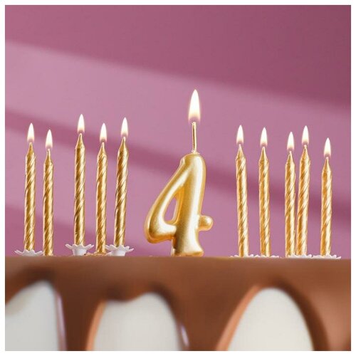 Набор свечей для торта (2 в 1) золотая Цифра "4" + Свечи "С Днём Рождения" золотые 10 шт