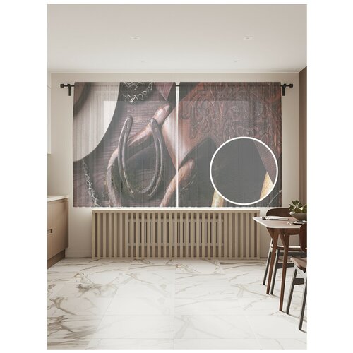 Тюль для кухни и спальни JoyArty "Необходимость ковбоя", 2 полотна со шторной лентой шириной по 145 см, высота 180 см.
