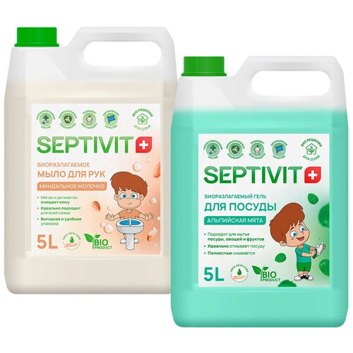 Набор жидкое мыло для рук SEPTIVIT Premium + Средство для мытья посуды / Мыло жидкое Миндальное молочко + средство для посуды Альпийская мята 2 шт х 5 литров