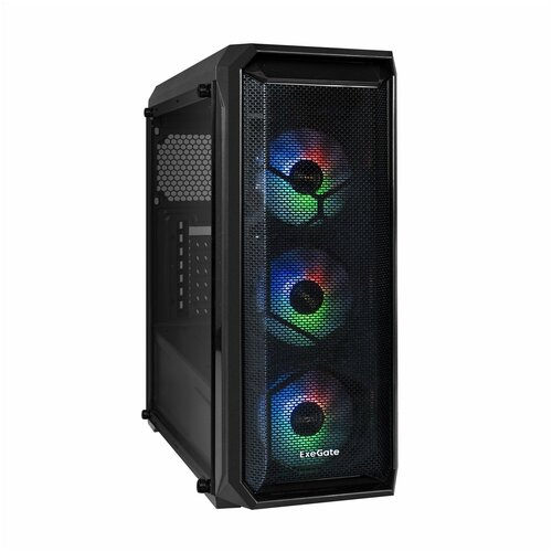 Корпус Miditower ExeGate i3 NEO-NPX600 (ATX, NPX600 12см, 2*USB+1*USB3.0, HD аудио, черный, 3 вент. 12см с RGB подсветкой, контроллер + ПДУ, ARGB MB кабель, пылевые фильтры, боковая панель - закаленное стекло) EX290163RUS