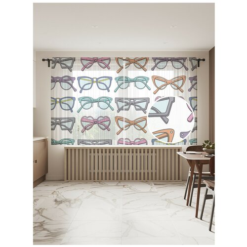 Тюль для кухни и спальни JoyArty "Креативные очки", 2 полотна со шторной лентой шириной по 145 см, высота 180 см.