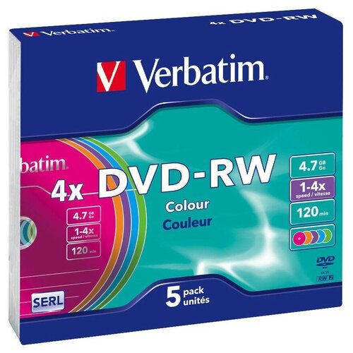 Диск DVD-RW Verbatim 4.7Gb 4x Slim case (5 штук), Color (43563)