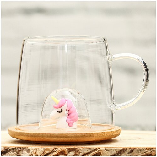 Кружка стеклянная с крышкой Единорог 310 мл Эврика детская, женская, подарочная, чашка кофейная, чайная пара 14 февраля, 8 марта