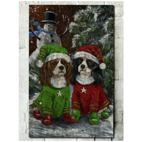 Картина интерьерная на рельефной доске ОСП Новый год (Рождество, Дед Мороз, Собака, Санта, подарок) - 7495 В