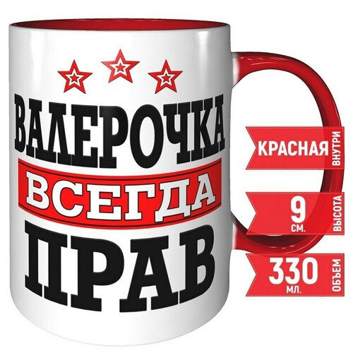 Кружка Валерочка всегда прав - 330 мл, красная ручка и красная поверхность внутри.