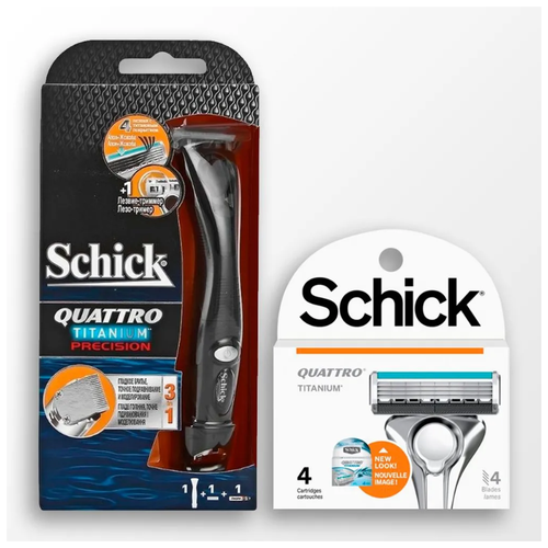 SCHICK QUATTRO Titanium Precision Бритвенный станок c 1 кассетой и триммером + сменные кассеты QUATTRO Titanium 4 шт.