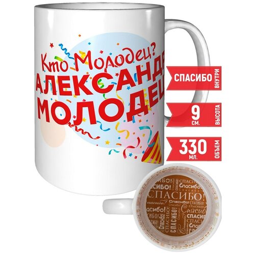 Кружка Кто молодец? Александр молодец! - с рисунком спасибо.
