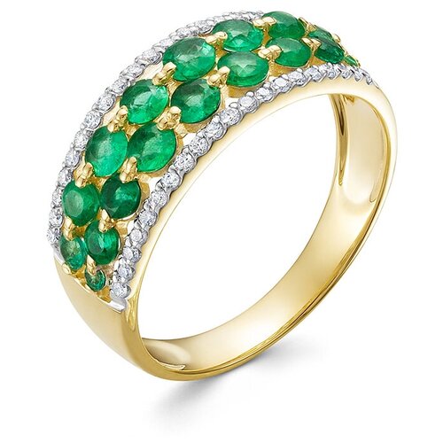 Кольцо Vesna jewelry, желтое золото, 585 проба, родирование, изумруд, размер 17.5, зеленый