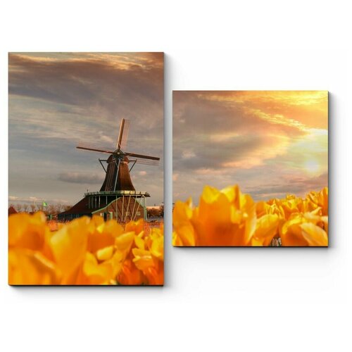Модульная картина Ветряная мельница и желтые тюльпаны на закате 100x75