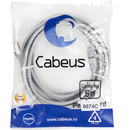 Cabeus PC-FTP-RJ45-Cat.5e-5m-LSZH Патч-корд F/UTP, категория 5е, 2xRJ45/8p8c, экранированный, серый, LSZH, 5м (PC-FTP-RJ45-Cat.5e-5m-LSZH)