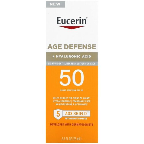 Eucerin, Age Defense, легкий солнцезащитный лосьон для лица, SPF 50, без отдушек, 75 мл