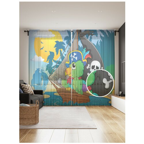 Тюль для кухни и спальни JoyArty "Корабль попугая", 2 полотна со шторной лентой шириной по 145 см, высота 265 см.