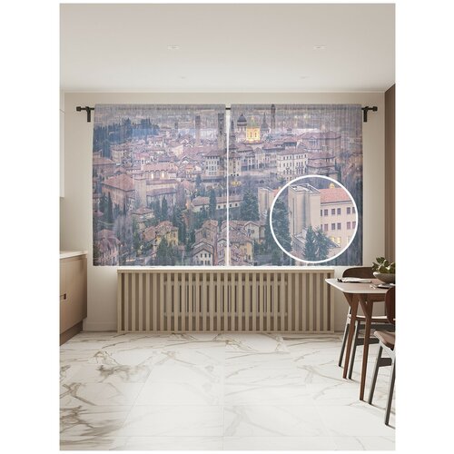 Тюль для кухни и спальни JoyArty "Панорама старого города", 2 полотна со шторной лентой шириной по 145 см, высота 180 см.