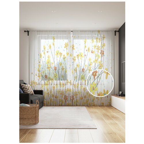 Тюль для кухни и спальни JoyArty "Безудержные цветы", 2 полотна со шторной лентой шириной по 145 см, высота 265 см.