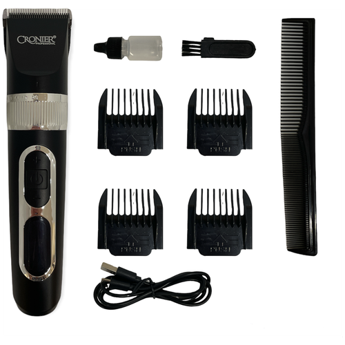 Машинка для стрижки волос Cronier CR-1261 c LСD дисплеем и регулятором, Триммер для бороды и усов, 4 насадки, черный