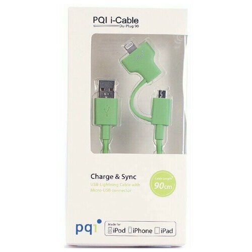 Кабель USB - microUSB/Lightning, 0.9м, PQI PQI-iCABLE-DuPlug90-GN (6PCG-008R0016A)