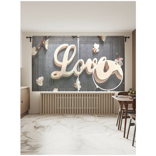 Тюль для кухни и спальни JoyArty "Весенняя любовь", 2 полотна со шторной лентой шириной по 145 см, высота 180 см.