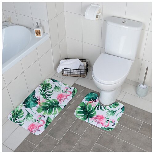 Набор ковриков для ванной и туалета Доляна «Фламинго», 2 шт: 40/43, 43/73 см