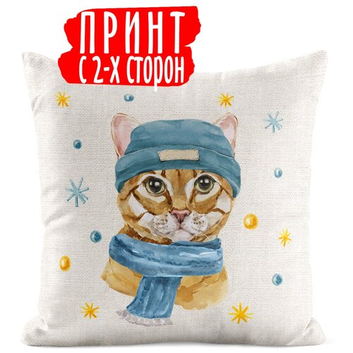 Подушка льняная Кошки Рыжая Зимняя в шапке и шарфе