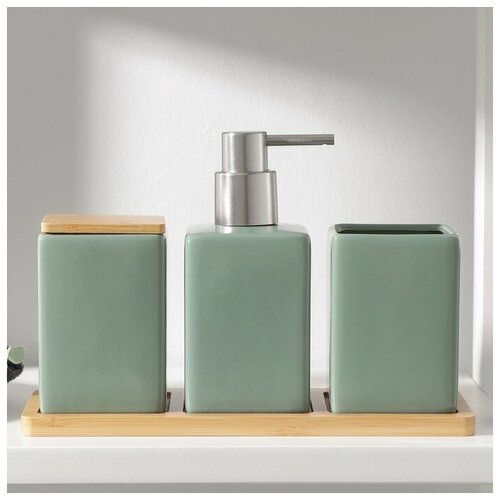 SAVANNA Набор для ванной SAVANNA Square, 4 предмета (дозатор для мыла, 2 стакана, подставка), цвет зелёный