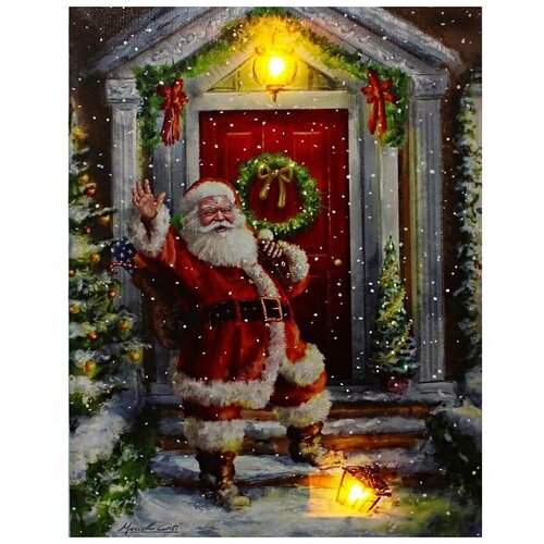 Светящаяся музыкальная картина "Санта на пороге", LED-огни и оптоволоконная подсветка, 30х40 см, таймер, батарейки, Peha Magic