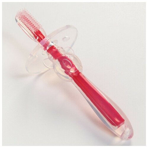 Детская зубная щетка-массажер, Мышка, с ограничителем, силиконовая, цвет красный