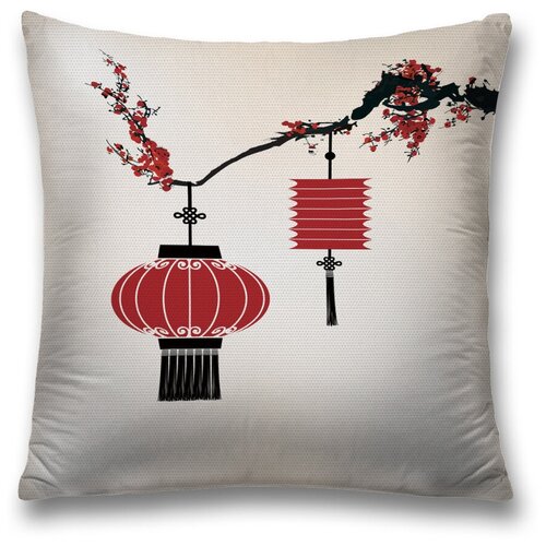 Наволочка декоративная на молнии, чехол на подушку JoyArty "Сакура с лампами" 45х45 см