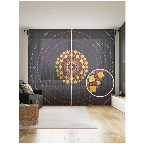 Тюль для кухни и спальни JoyArty "Космическая мандала", 2 полотна со шторной лентой шириной по 145 см, высота 265 см.