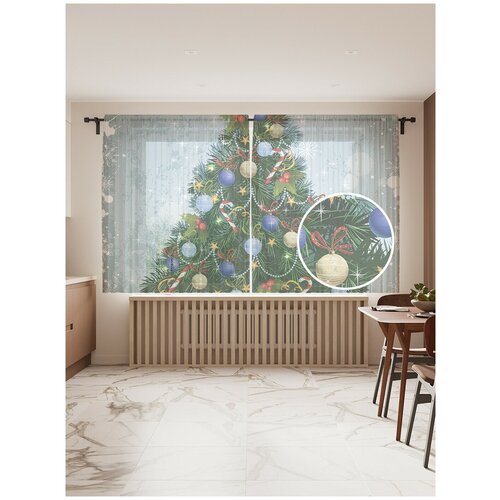 Тюль для кухни и спальни JoyArty "Ель с цветными шариками", 2 полотна со шторной лентой шириной по 145 см, высота 180 см.