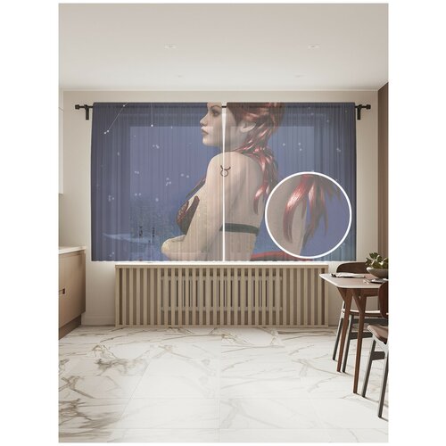 Тюль для кухни и спальни JoyArty "Знак зодиака Телец", 2 полотна со шторной лентой, 145x180 см.