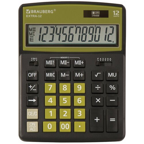 Калькулятор настольный BRAUBERG EXTRA-12-BKOL (206x155 мм), 12 разрядов, двойное питание, черно-оливковый, 250471 - 1 шт.
