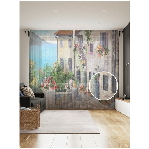 Тюль для кухни и спальни JoyArty "Цветочные дворики", 2 полотна со шторной лентой шириной по 145 см, высота 265 см.